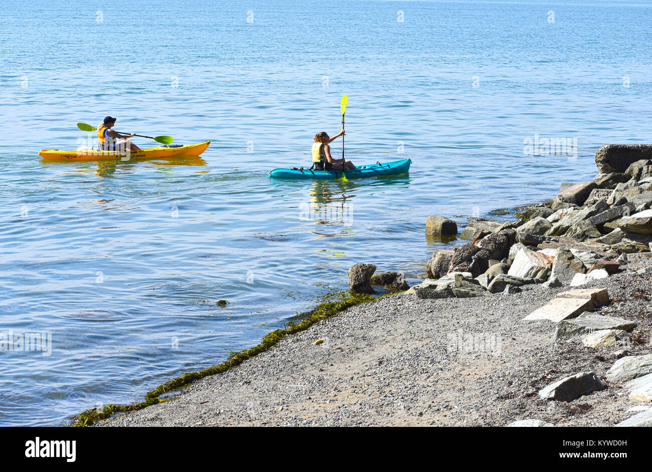 Two women kayaking at Bellingham Bay with the shoreline of Boulevard ...