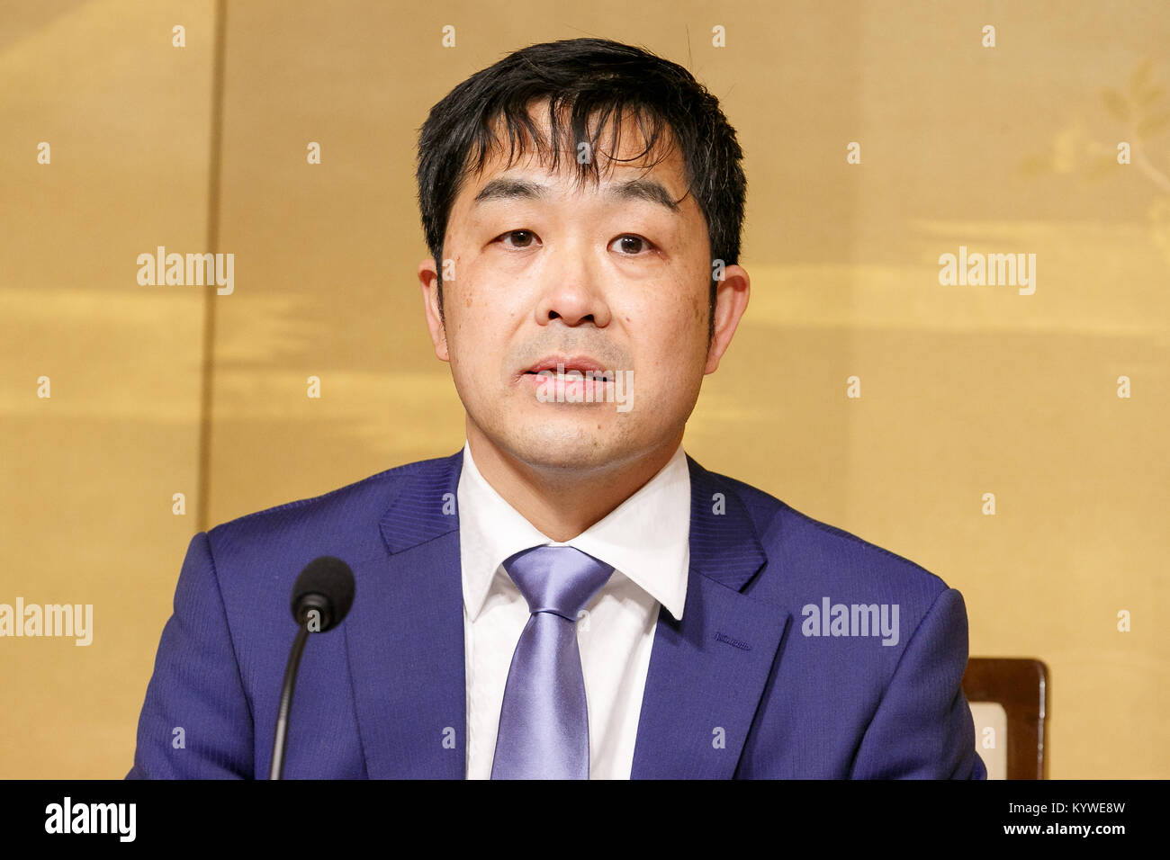 The 158th Naoki Prize winner Yoshinobu Kadoi speaks during a press ...