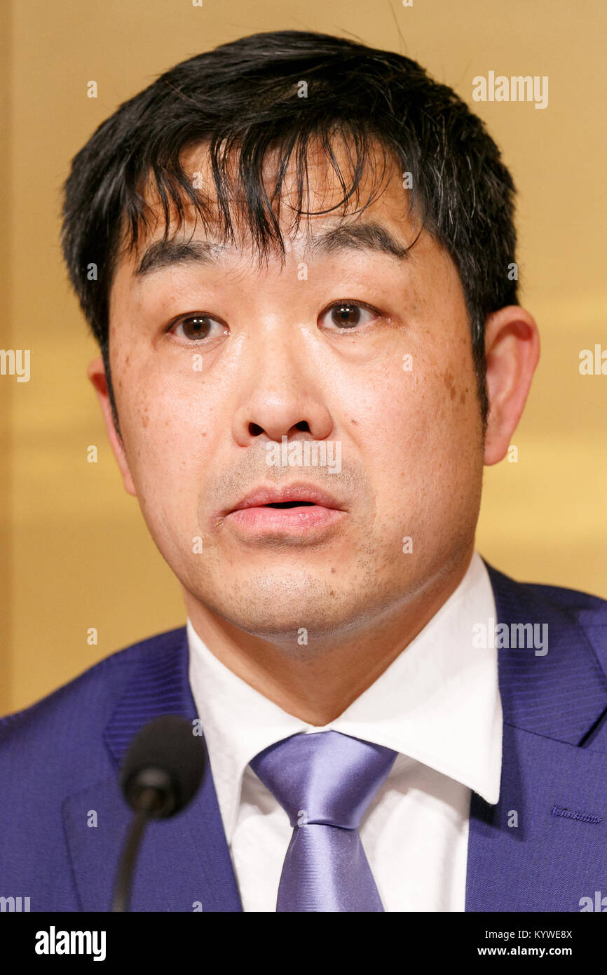 The 158th Naoki Prize winner Yoshinobu Kadoi speaks during a press ...