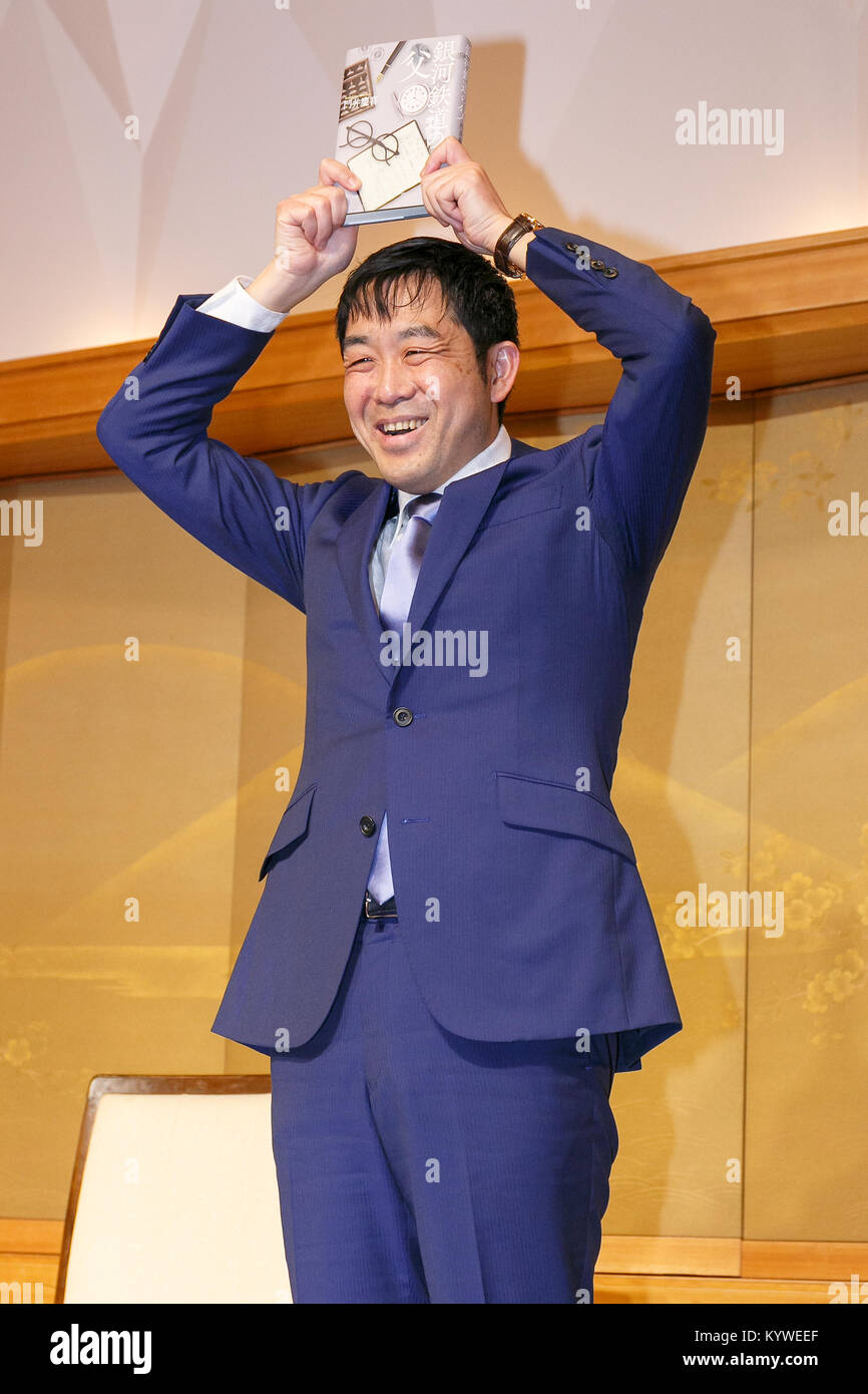 The 158th Naoki Prize winner Yoshinobu Kadoi poses for the cameras ...