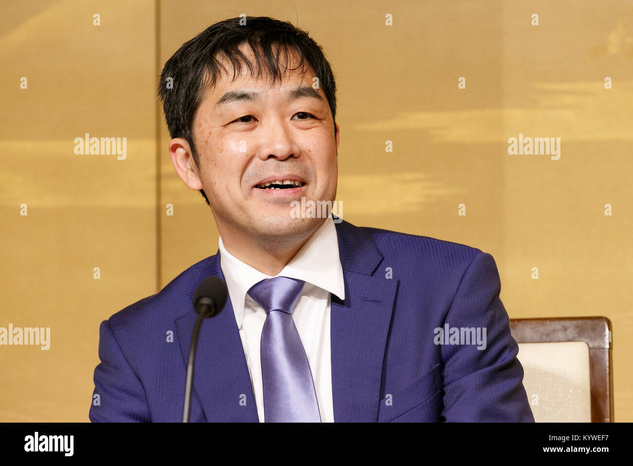 The 158th Naoki Prize winner Yoshinobu Kadoi speaks during a press ...