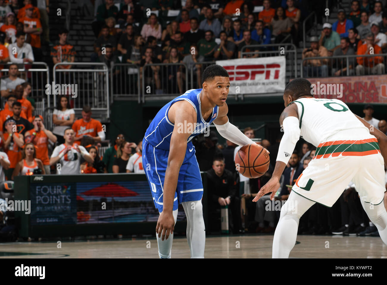 Coral Gables, Florida, USA. 15th Jan, 2018. Trevan Duval #1 of Duke in ...