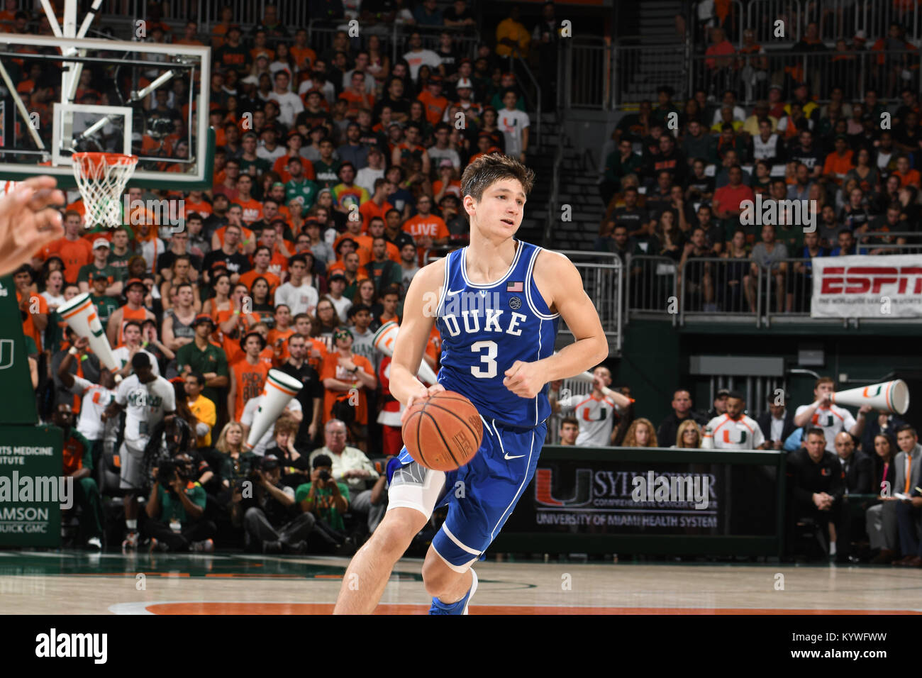 Coral Gables, Florida, USA. 15th Jan, 2018. Grayson Allen #3 of Duke in ...