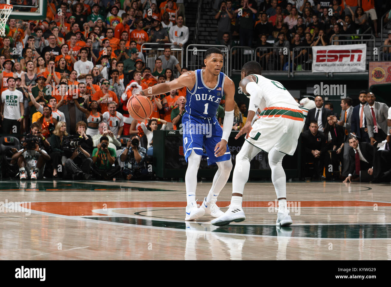 Coral Gables, Florida, USA. 15th Jan, 2018. Trevan Duval #1 of Duke ...