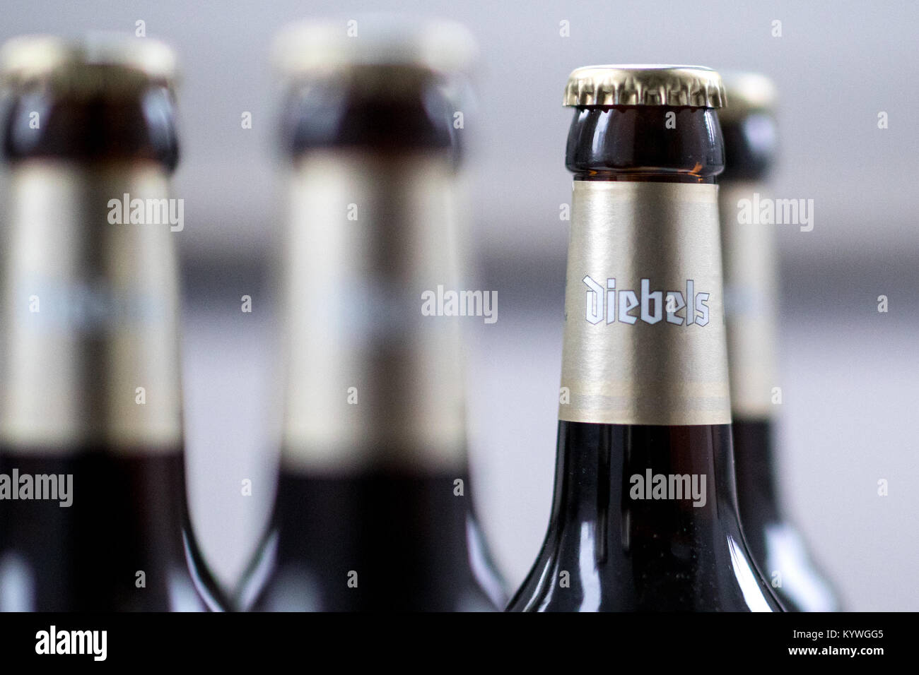 Recklinghausen, Germany. 16th Jan, 2018. Diebels beer bottles standing ...
