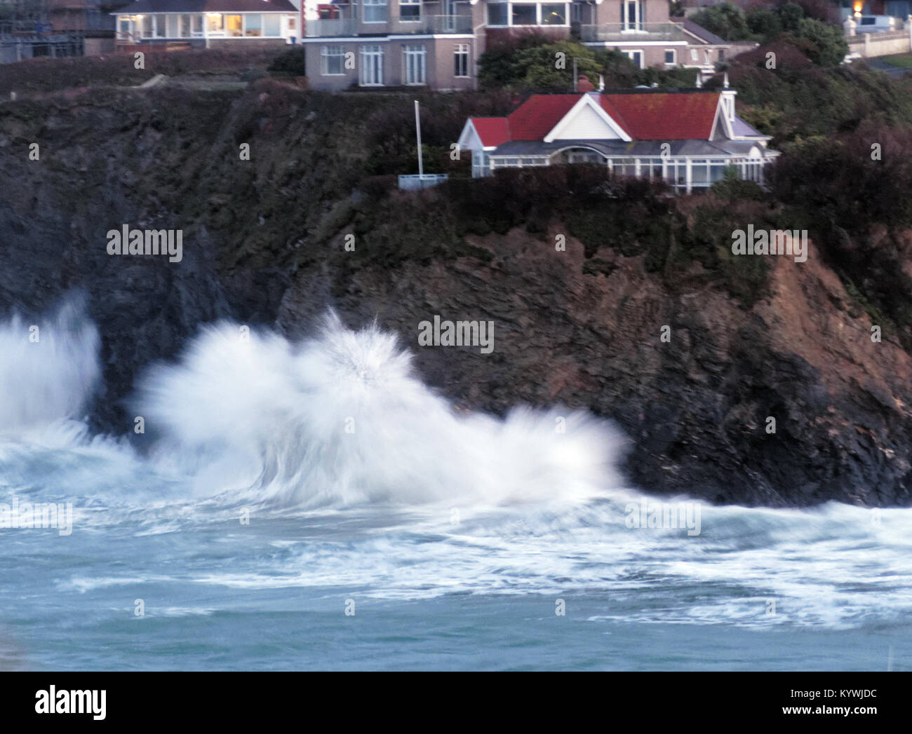Newquay Storm waves hit Newquay Famous island on towan Beach Newquay ...