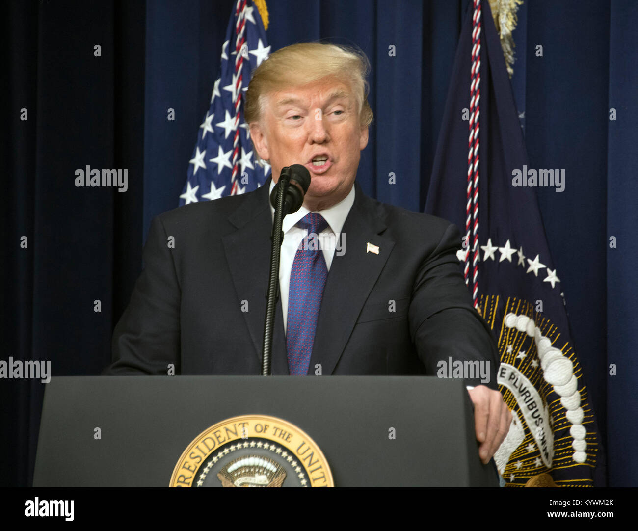 United States President Donald J. Trump makes remarks at a set of panel ...