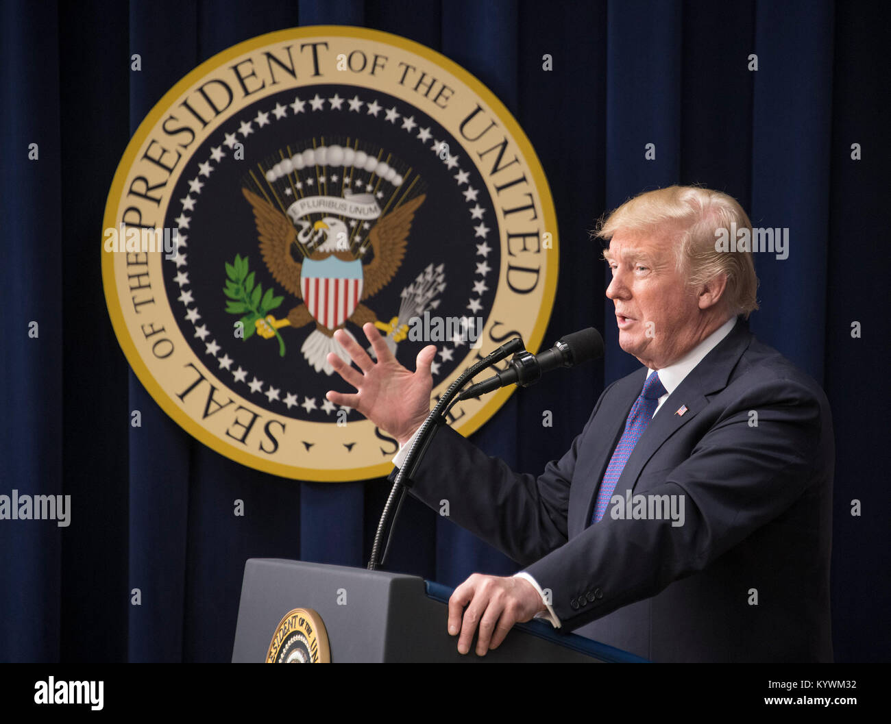 United States President Donald J. Trump makes remarks at a set of panel ...
