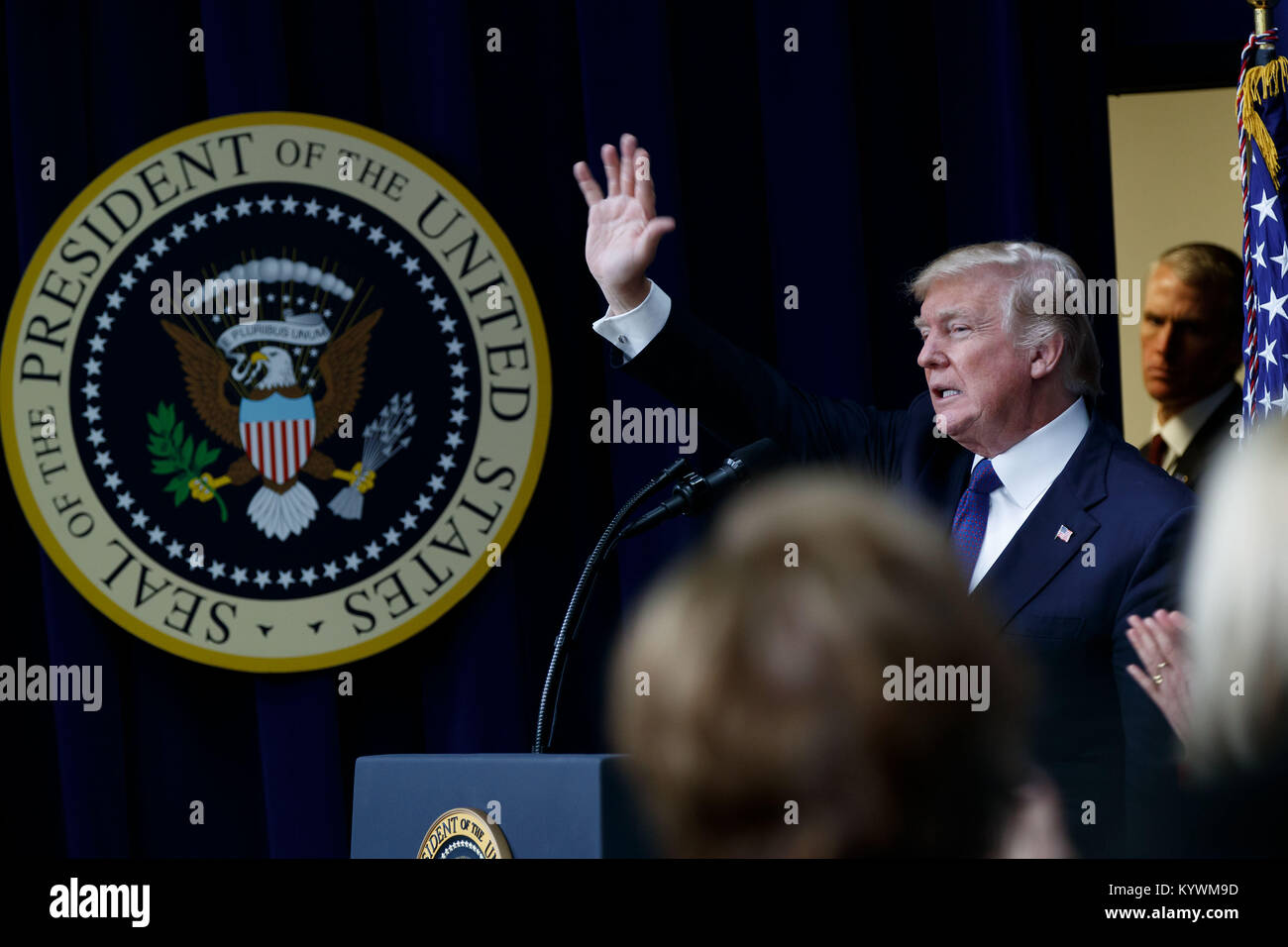 Washington, USA. 16th Jan, 2018. U.S. President Donald Trump leaves ...