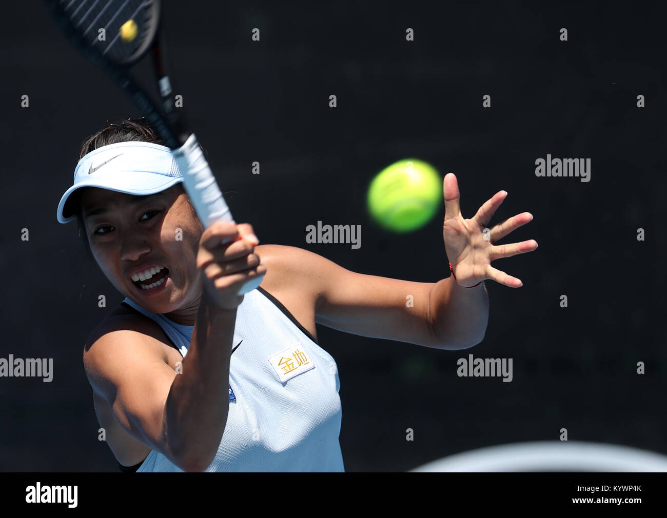 Melbourne, Australia. 17th Jan, 2018. Zhang Shuai of China returns the ...