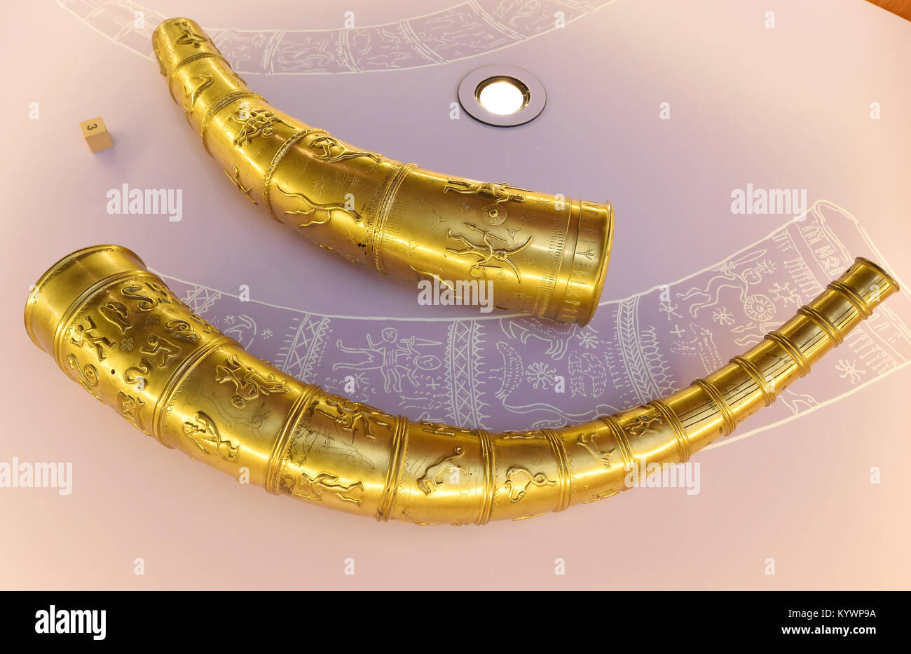 Replicas of Danish horns (400-450 A.D.), orginally made from pure gold, are displayed at the ...