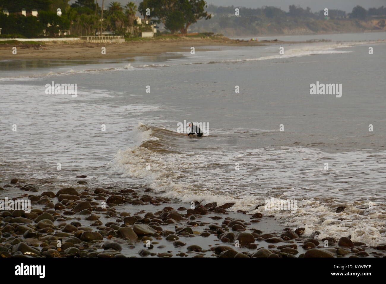 Montecito, California, USA. 16th Jan, 2018. A Surfer catches a wave ...