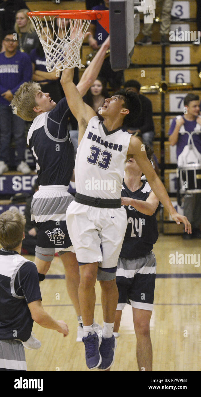 U.S. 16th Jan, 2018. SPORTS -- La Cueva's Tyler Aeilts, left, deflects ...