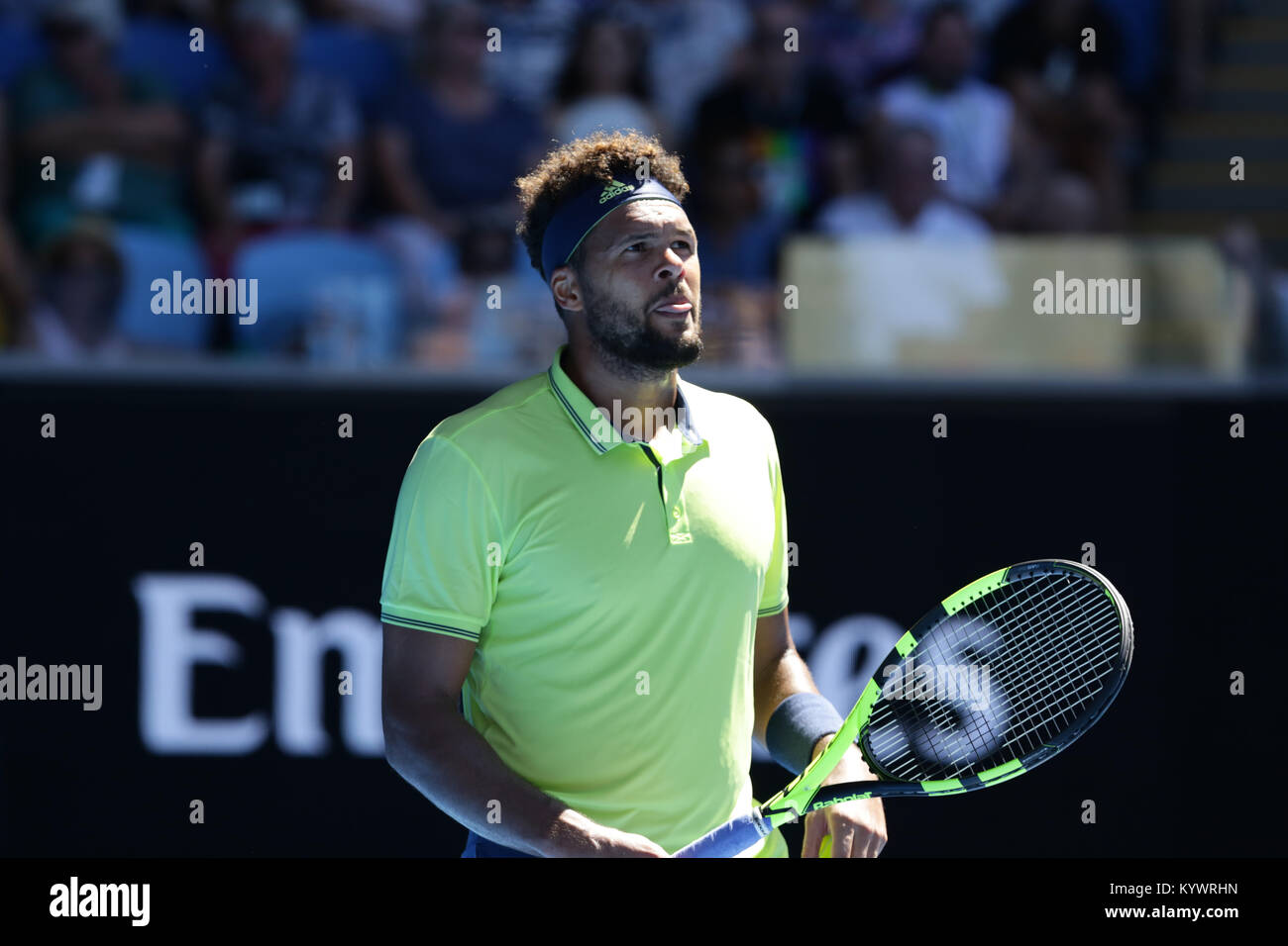 Melbourne, Australia. 17th Jan, 2018. French tennis player Jo Wilfried Tsonga is in action ...