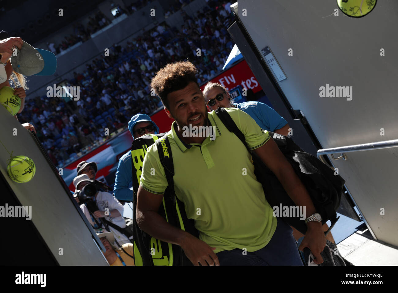 Melbourne, Australia. 17th Jan, 2018. French tennis player Jo Wilfried Tsonga is in action ...