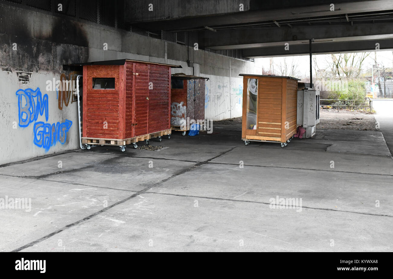 Berlin, Germany. 17th Jan, 2018. Wooden huts for homeless people ...
