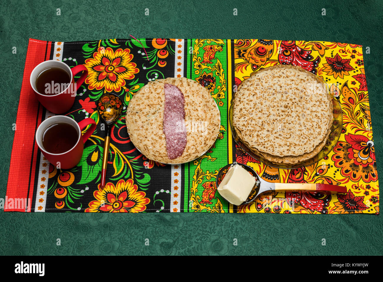 Festive table for Russian holiday Pancake week (Maslenitsa Stock Photo ...
