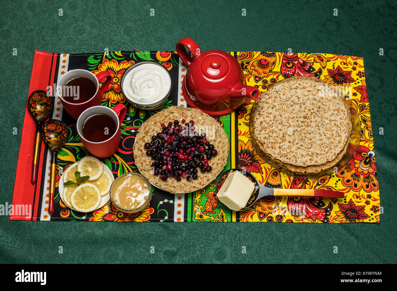 Festive table for Russian holiday Pancake week (Maslenitsa Stock Photo ...