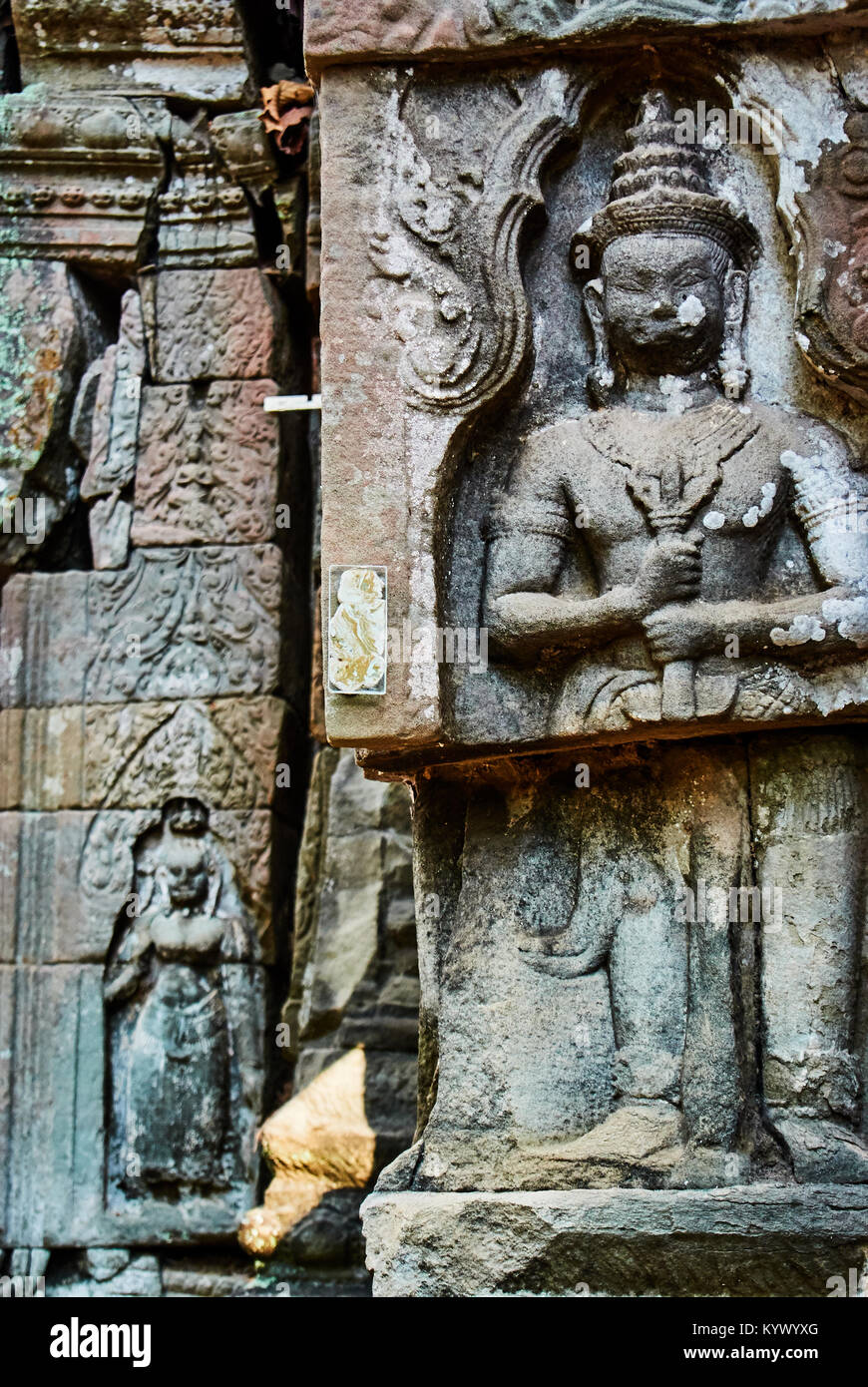 Historic building in Angkor wat Thom Cambodia with devatas carvings ...