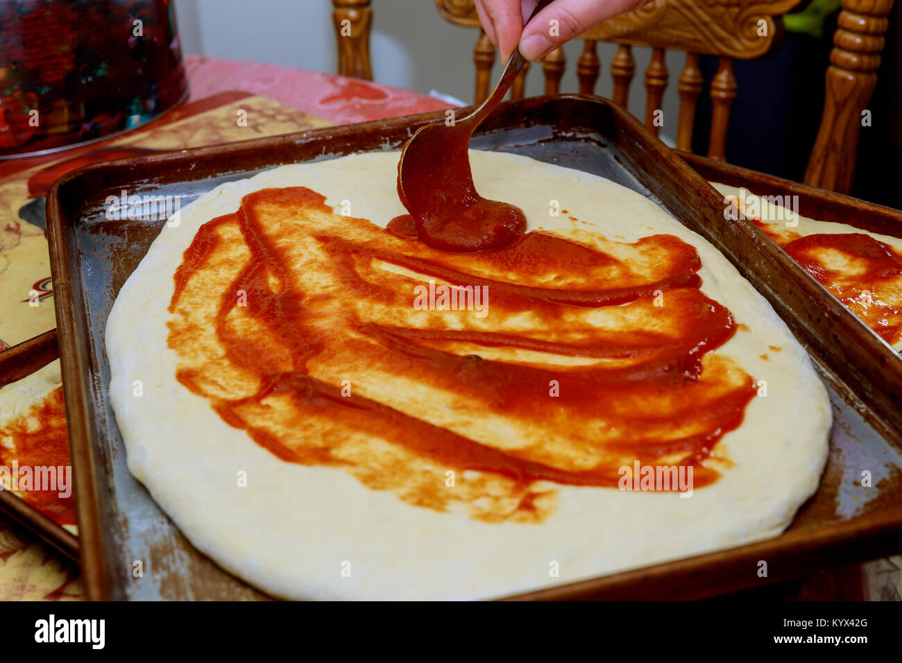 chef making pizza at kitchen pizza cooking Stock Photo - Alamy