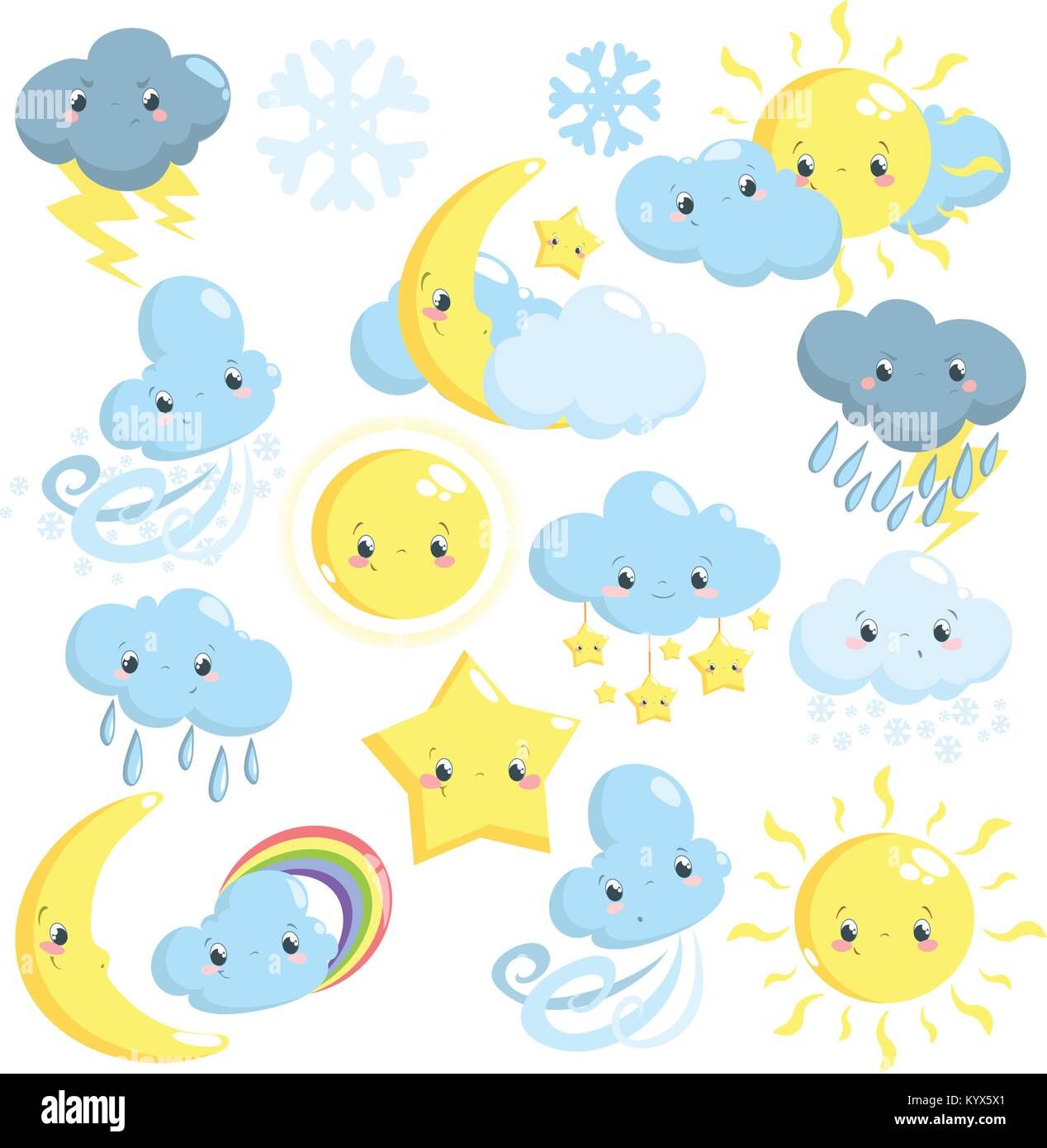 Cute weather icons collection with sun, moon, clouds, star, snowflakes ...