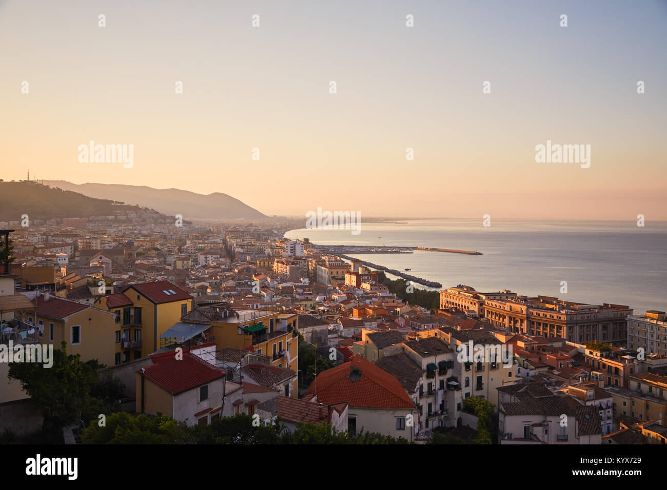 Beautiful panorama Italian seaside town - Salerno in sunrise time. The ...