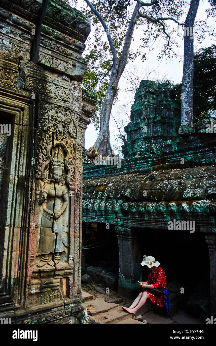 Historic building in Angkor wat Thom Cambodia with devatas carvings ...