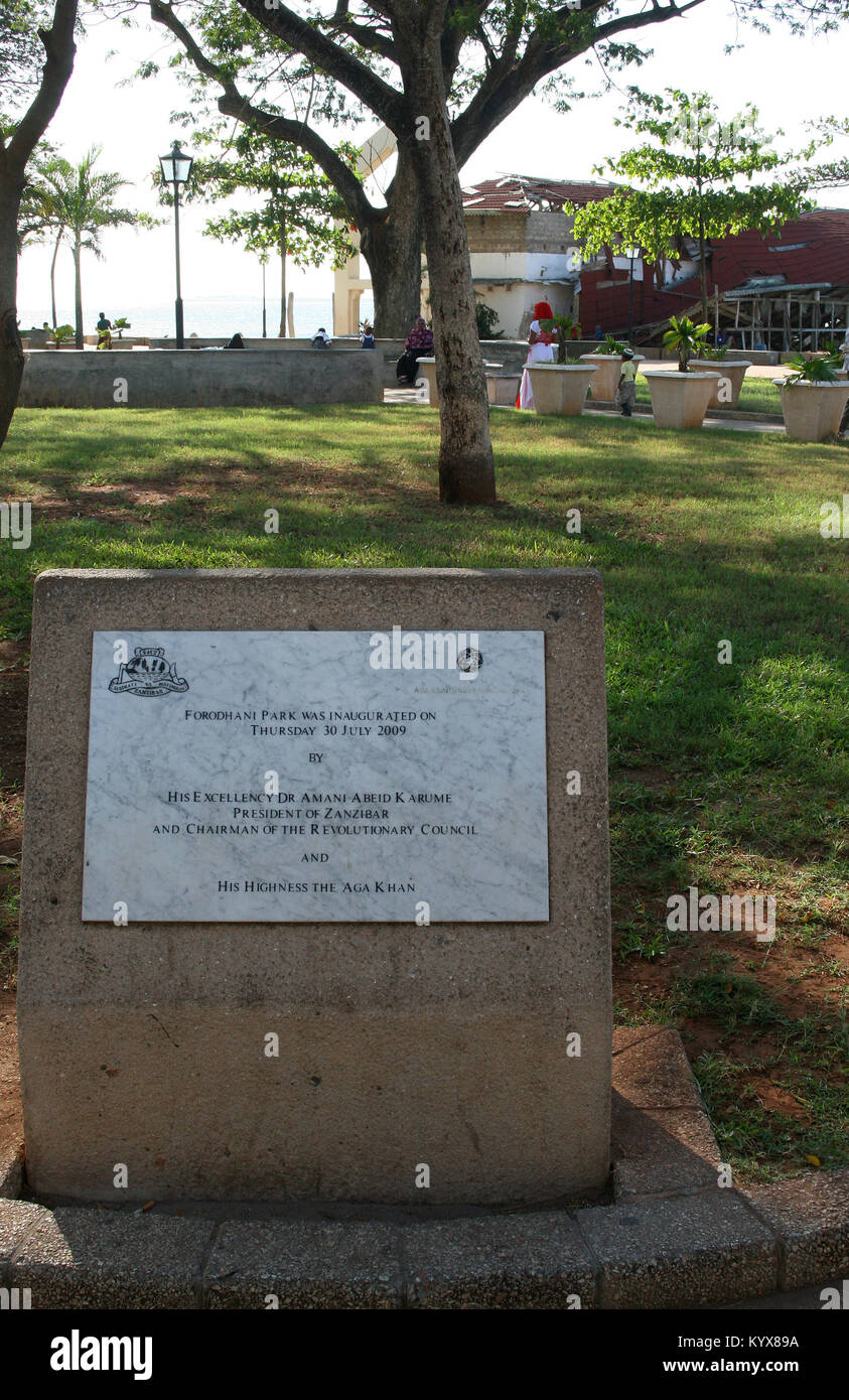 Stone plaque at entrance of Forodhani Park, Stone Town, Zanzibar ...