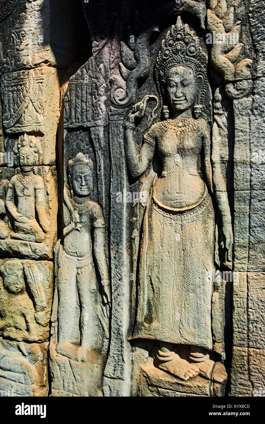 Historic building in Angkor wat Thom Cambodia with devatas carvings ...