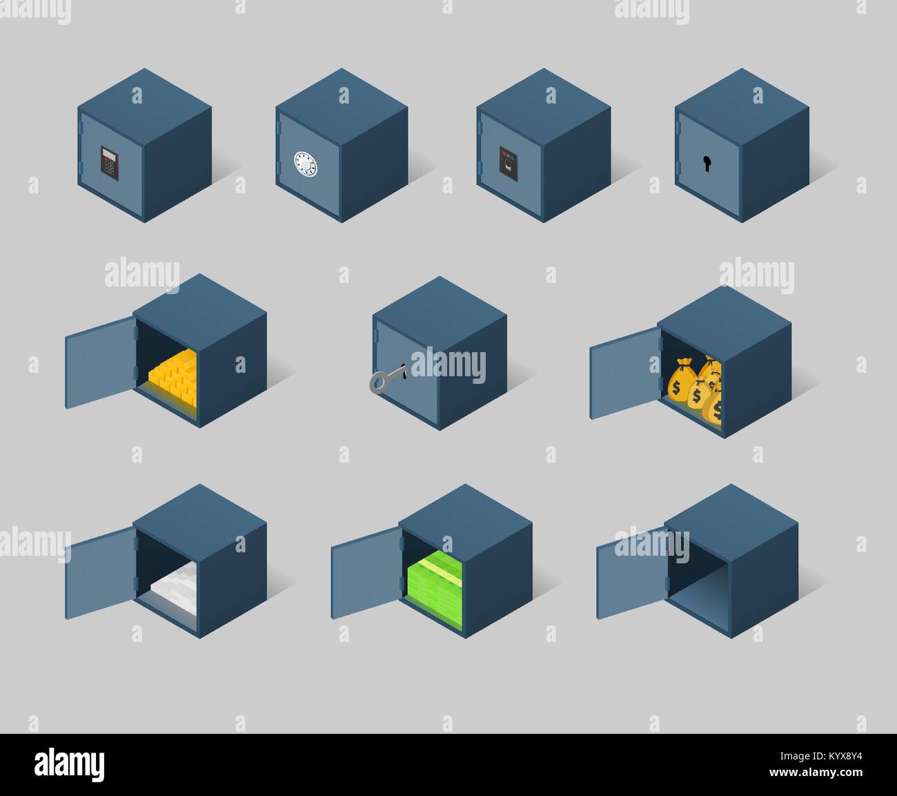 Isometric safe set. Closed and opened metal boxes with gold, cash ...