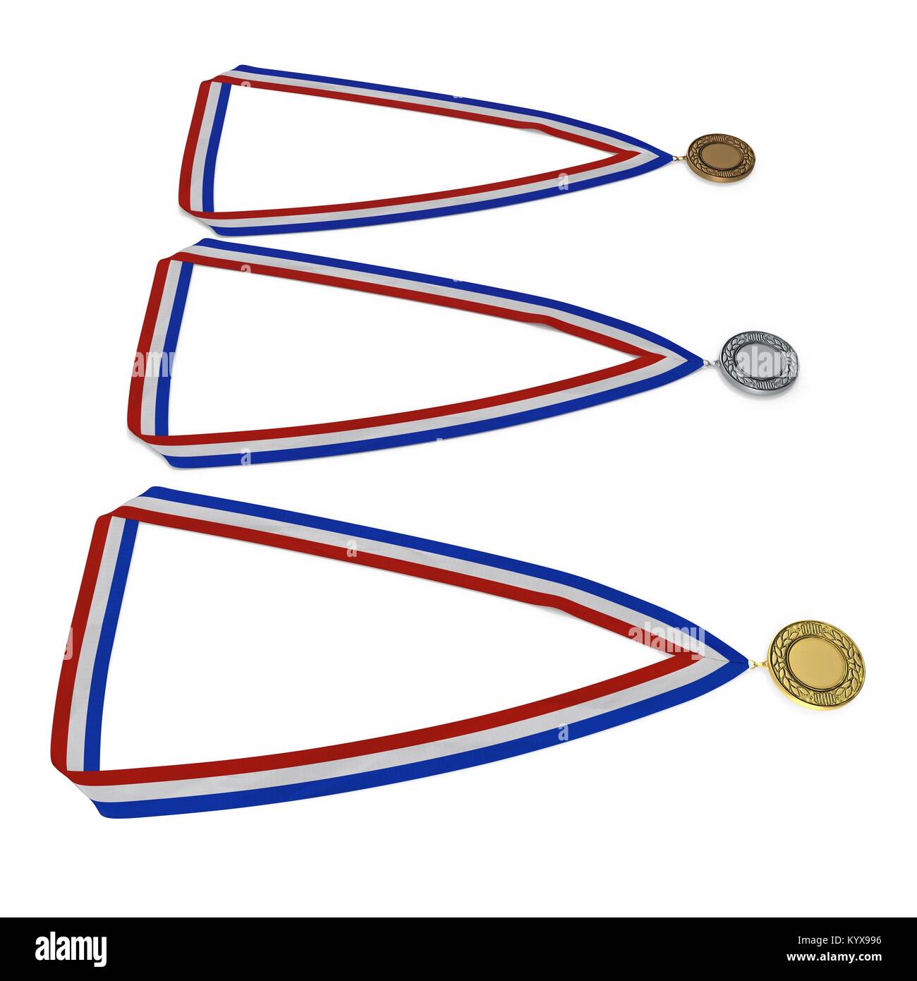 Metal medals set with tricolor ribbon on white. 3D illustration Stock ...