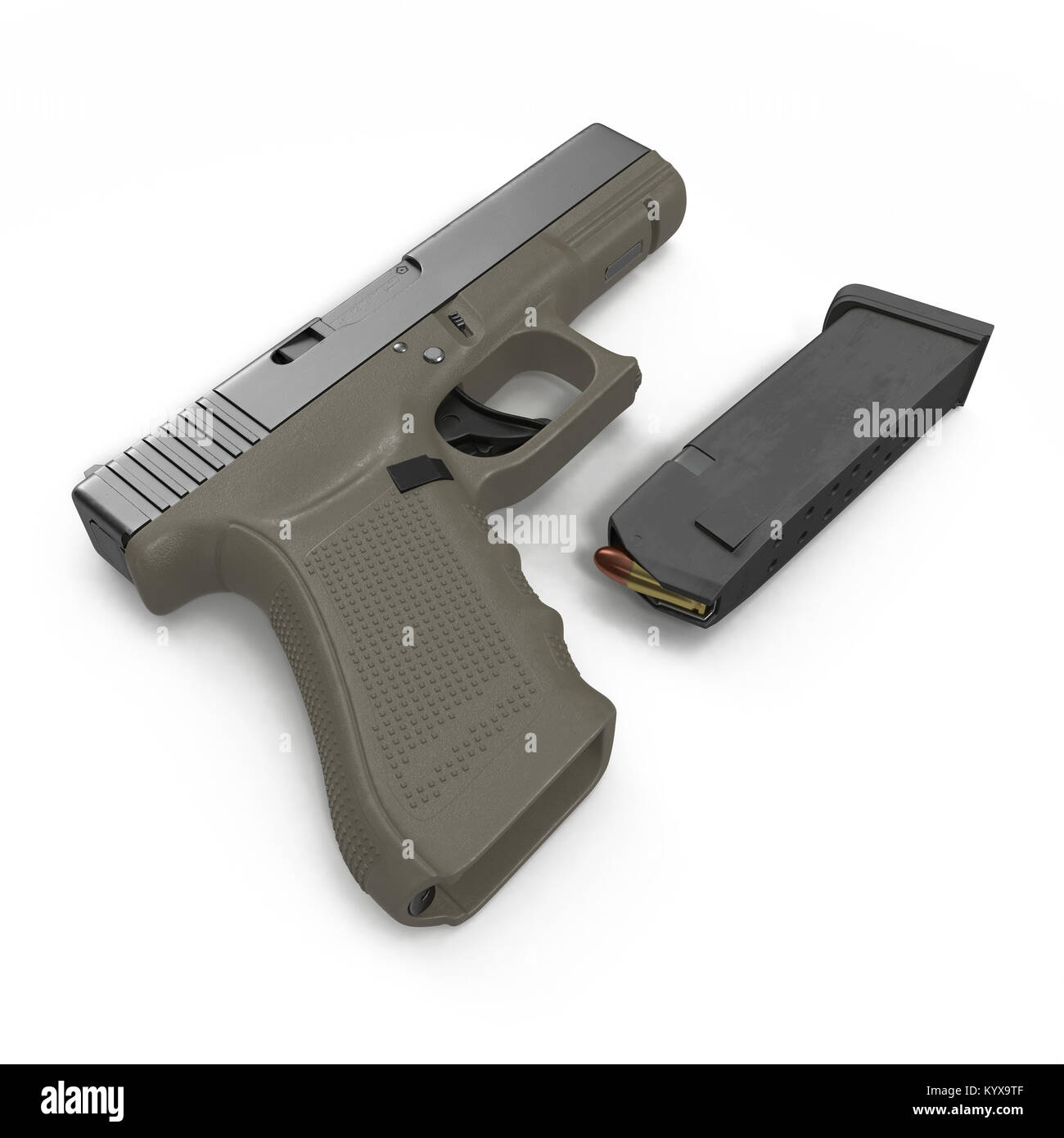 Semi automatic pistol with magazine and ammo on a white. 3D ...