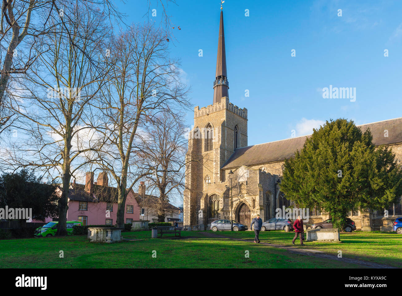 Stowmarket Suffolk Church, view of the churchyard and west tower of the ...
