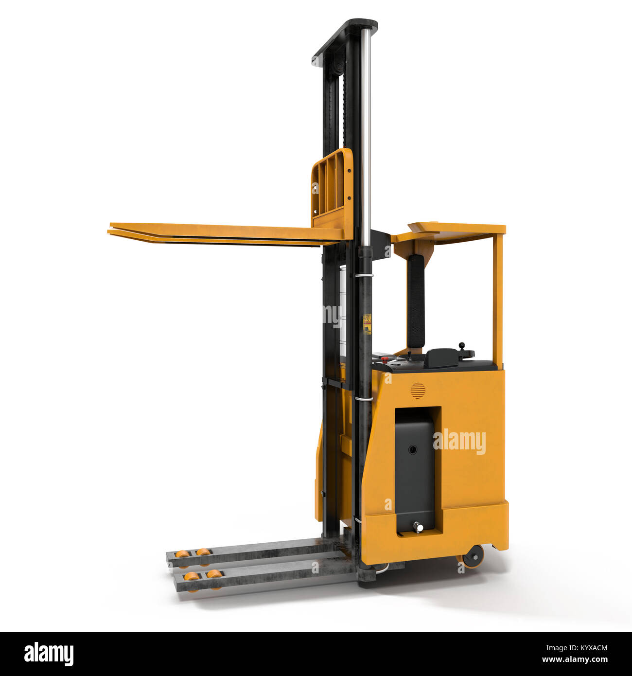Side view of yellow Rider Stacker on white. 3D illustration Stock Photo ...