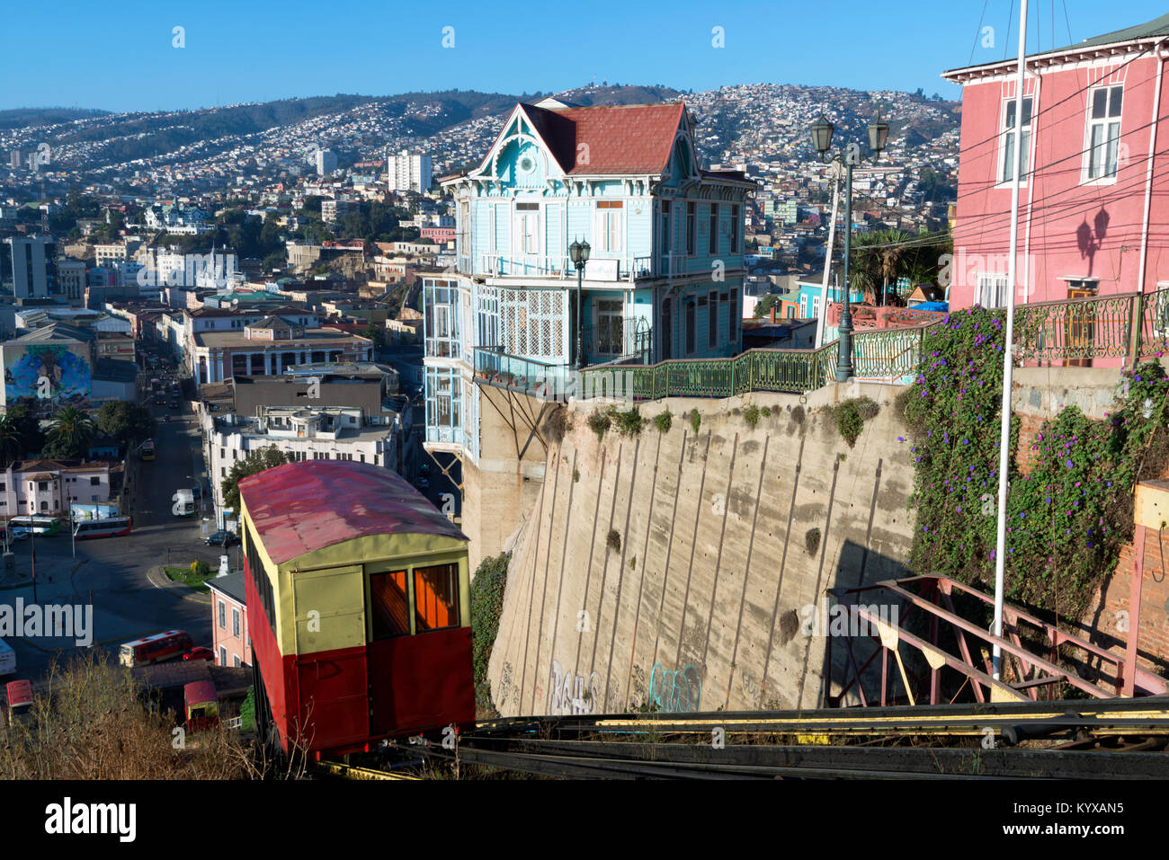 a funicular railway and beautiful view of Valparaiso, Chile Stock Photo ...
