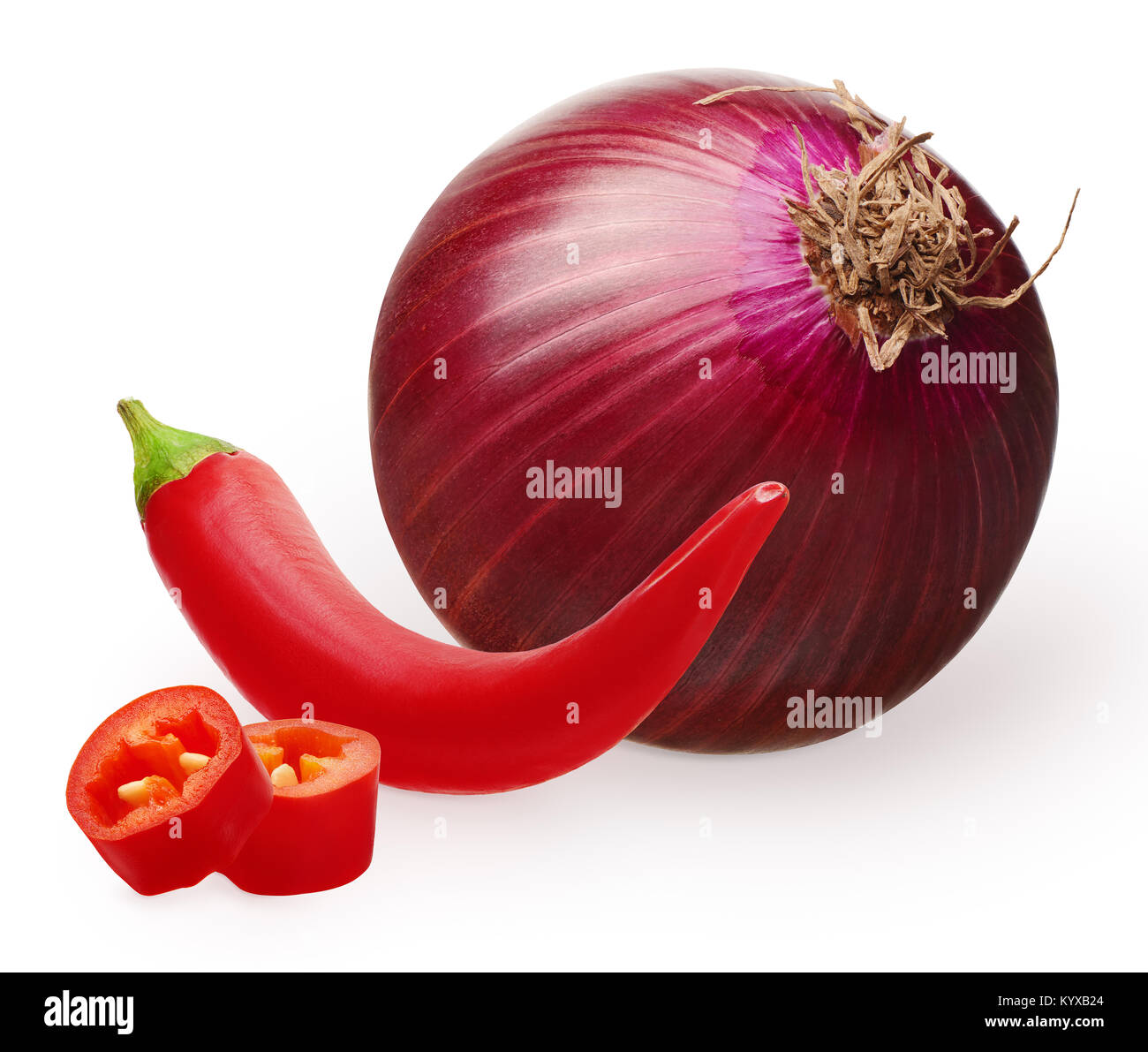 Whole fresh red chili pepper with chopped pieces and red onion isolated ...