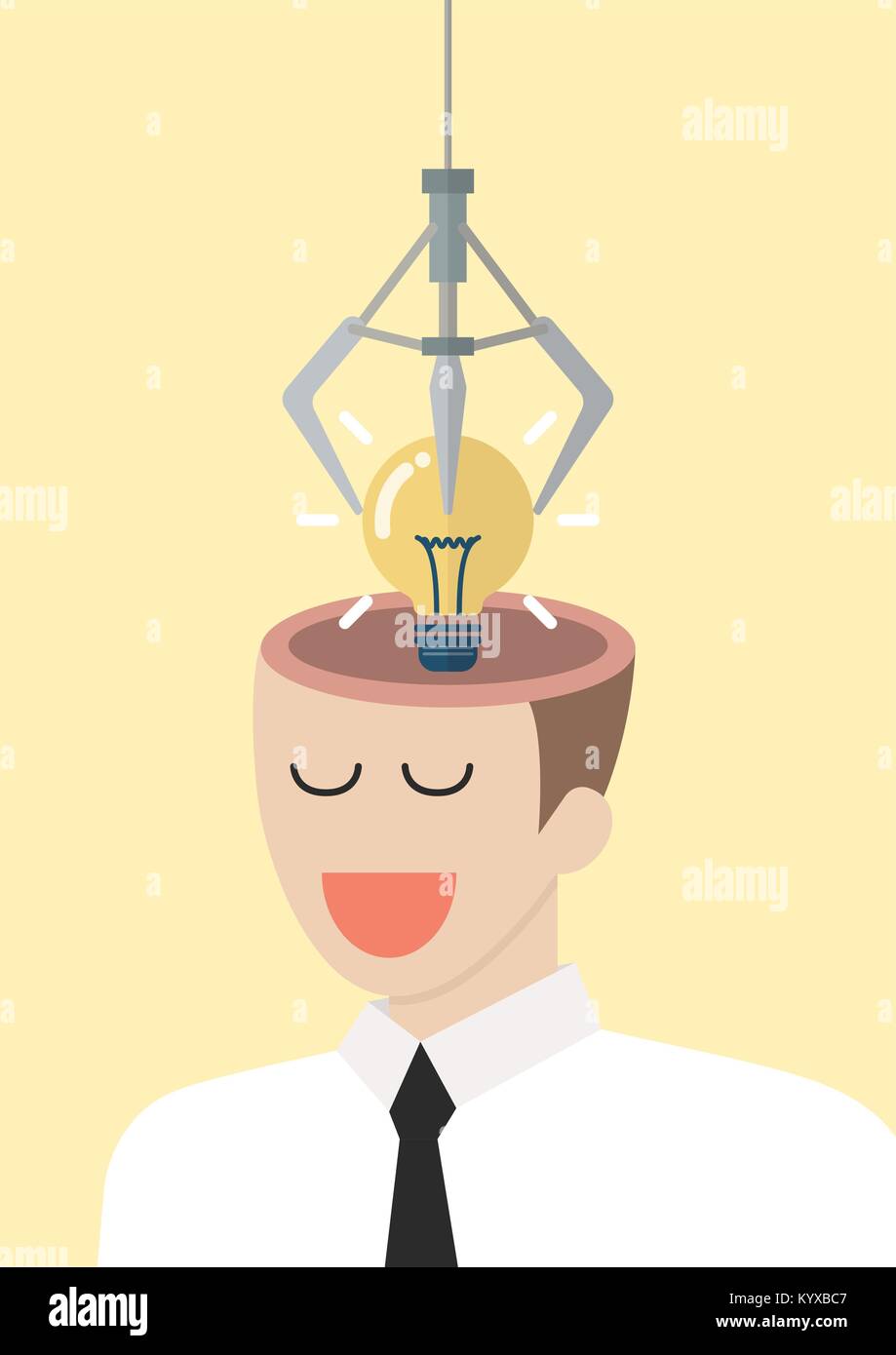 Robotic claw stealing lightbulb idea from a head. Vector illustration ...