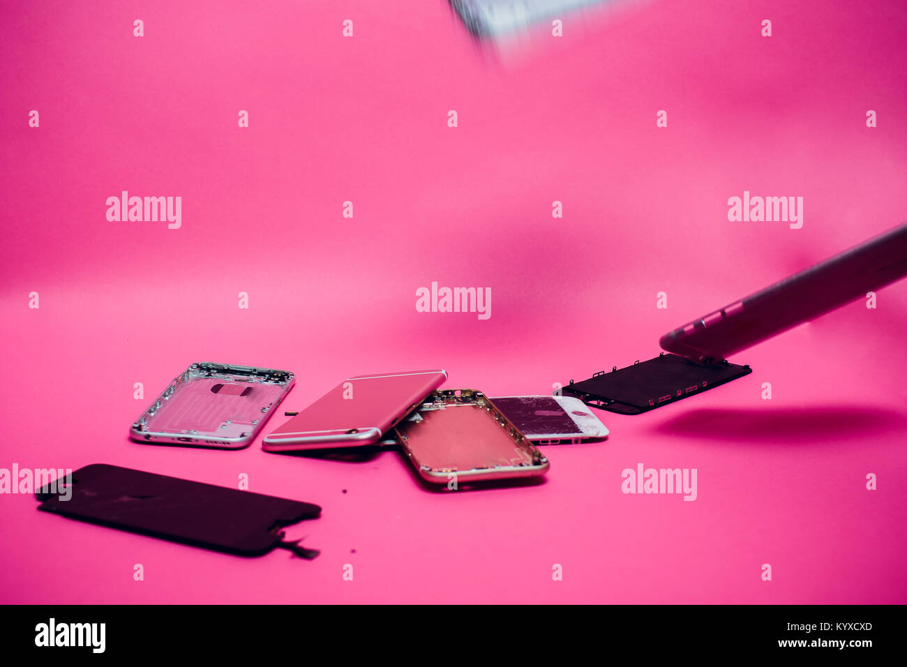 Damaged smartphone Caused by severe shocks. Broken smartphone screen ...