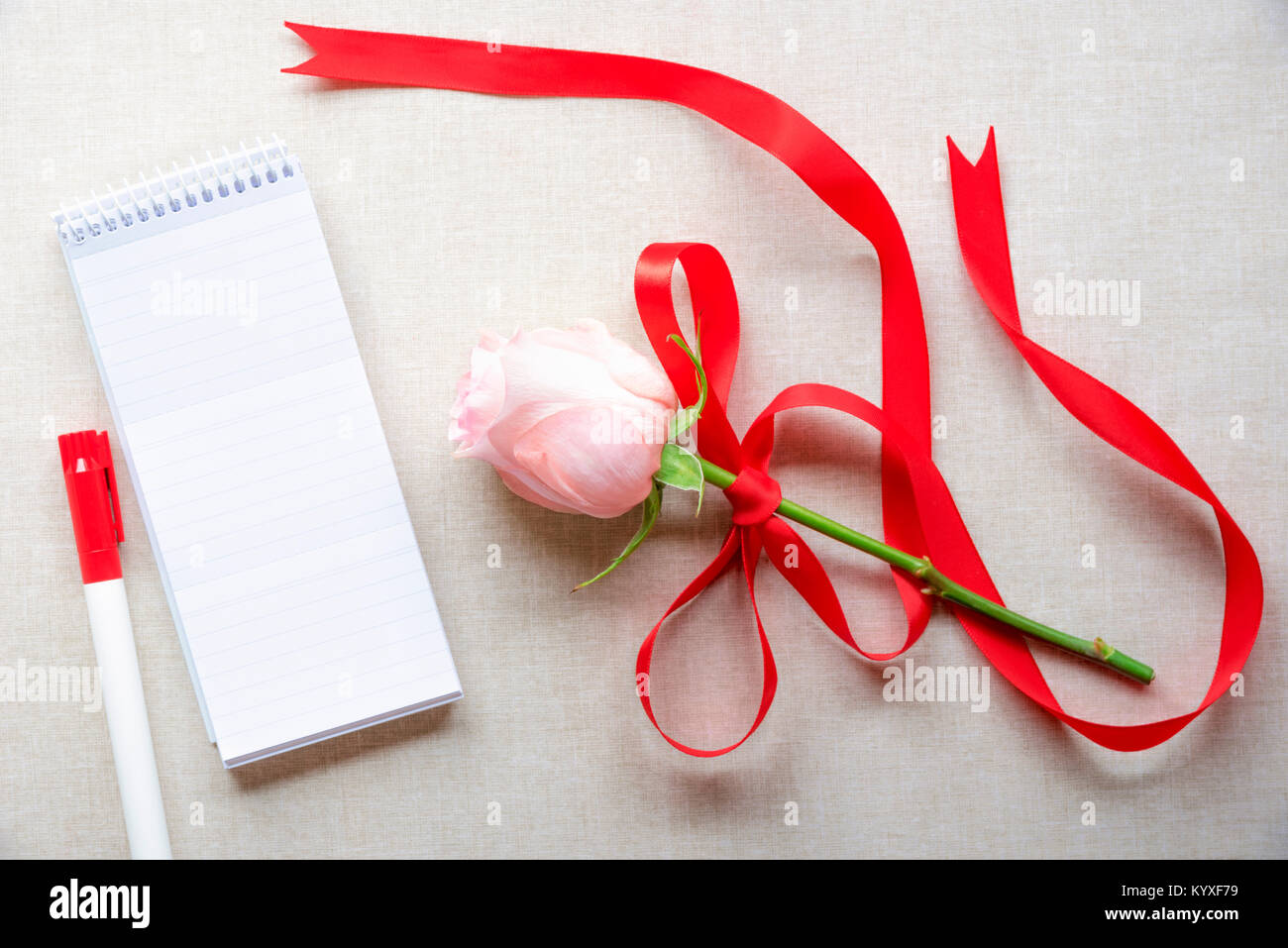 Beautiful pink rose tied with red satin ribbon with bow, an unwritten ...