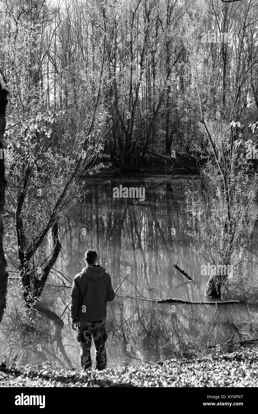Lake summer man fishing Black and White Stock Photos & Images - Alamy