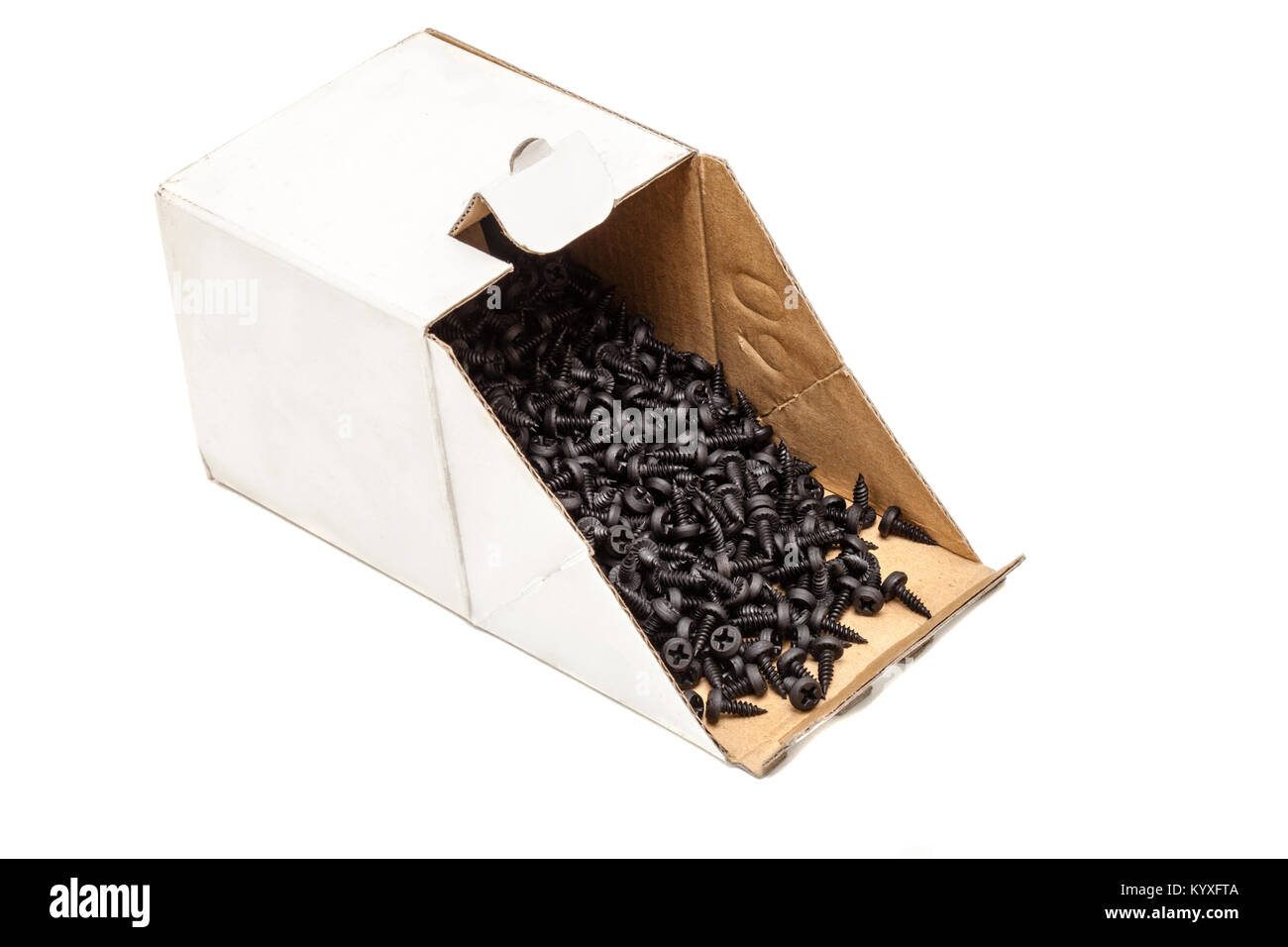 group of black screws for fixing metal profiles, in a paper box Stock ...