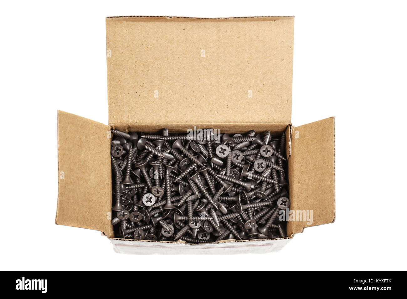 group of black screws for fixing drywall on metal profiles, in a paper ...