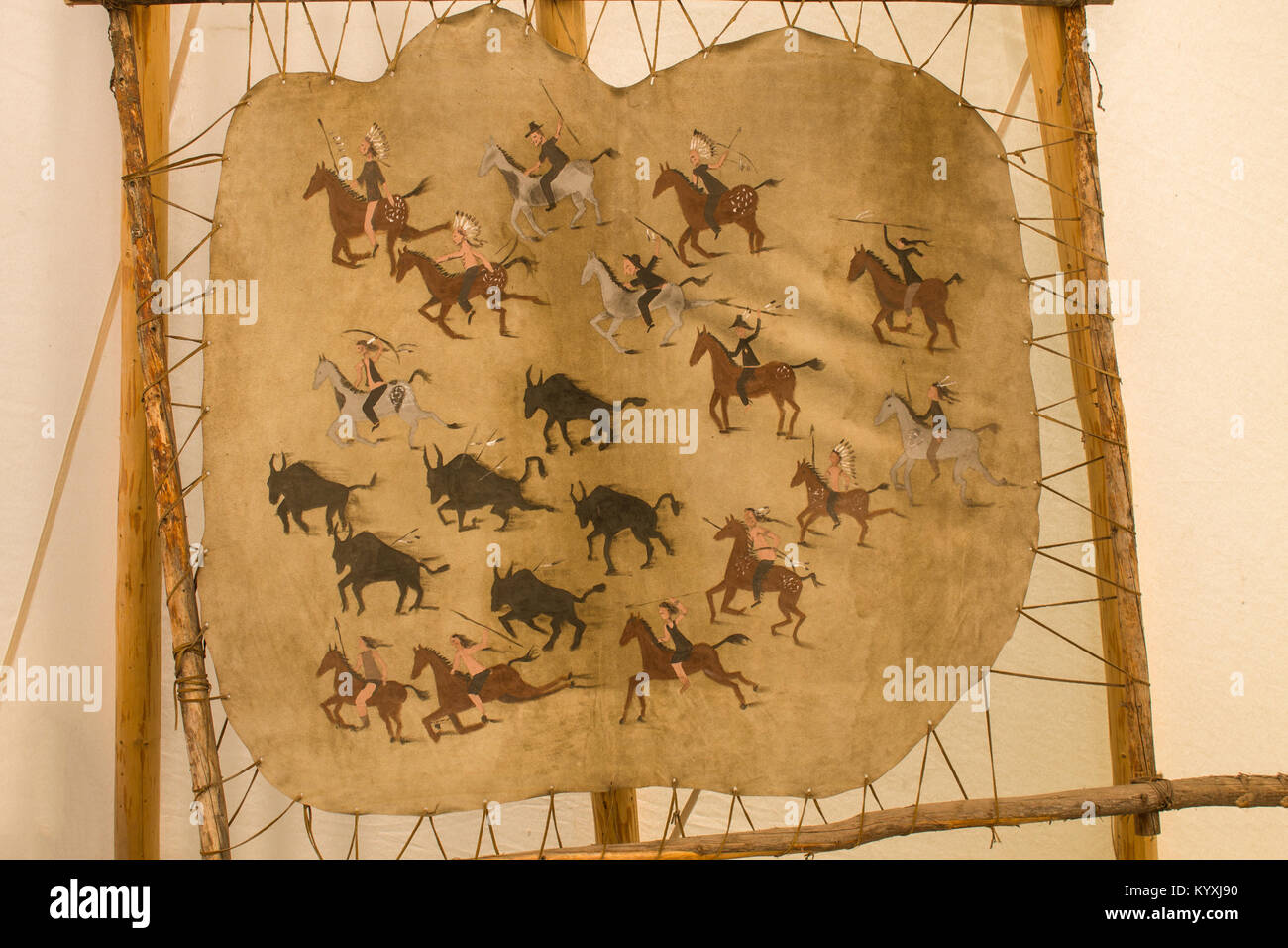 First nations museum, scene of hunting painted on leather Stock Photo ...