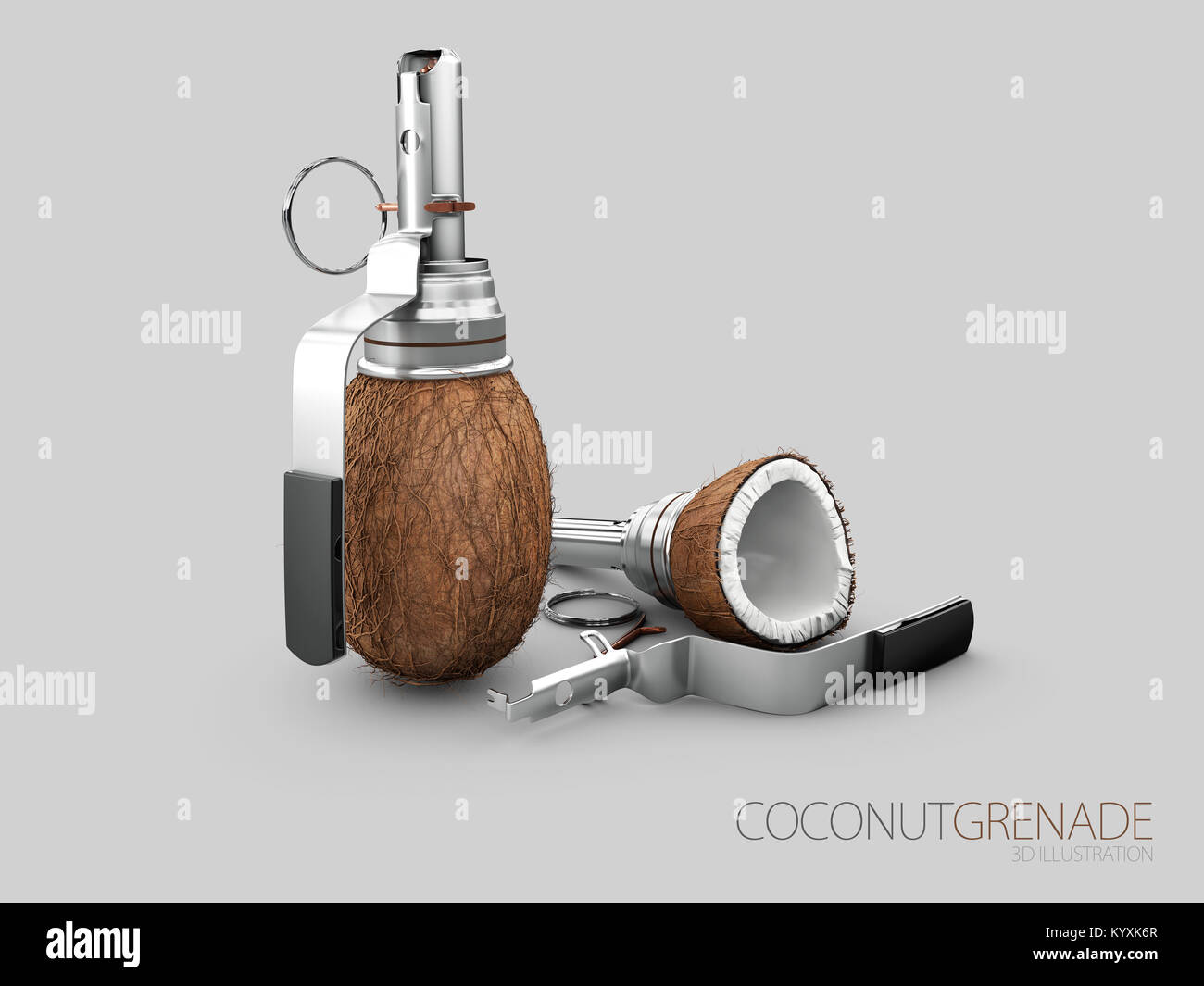 3d Illustration of cracked coconut grenade, isolated on gray background ...
