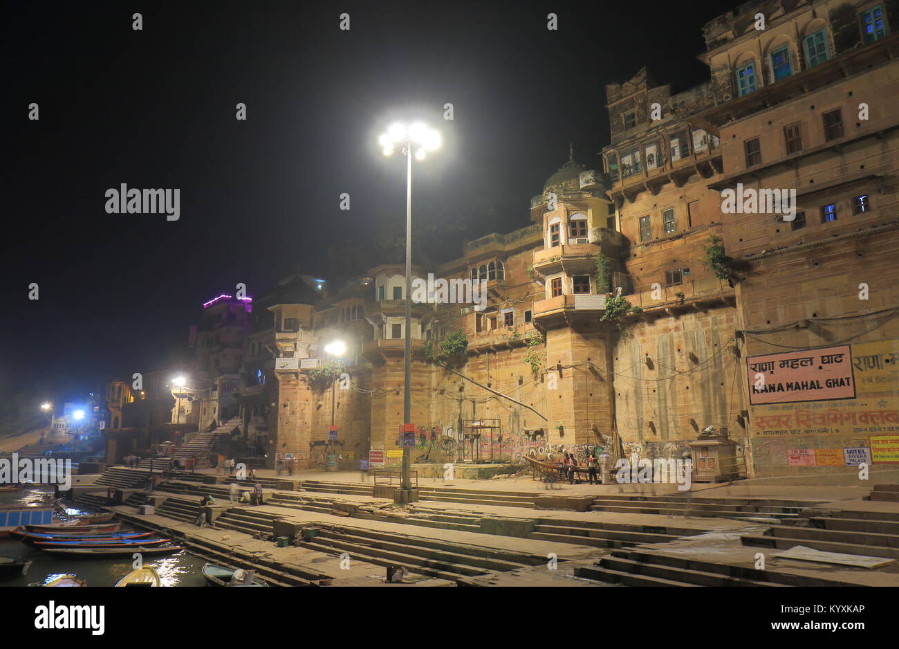 Ganges river Rana Mahal ghat night cityscape Varanasi India Stock Photo ...