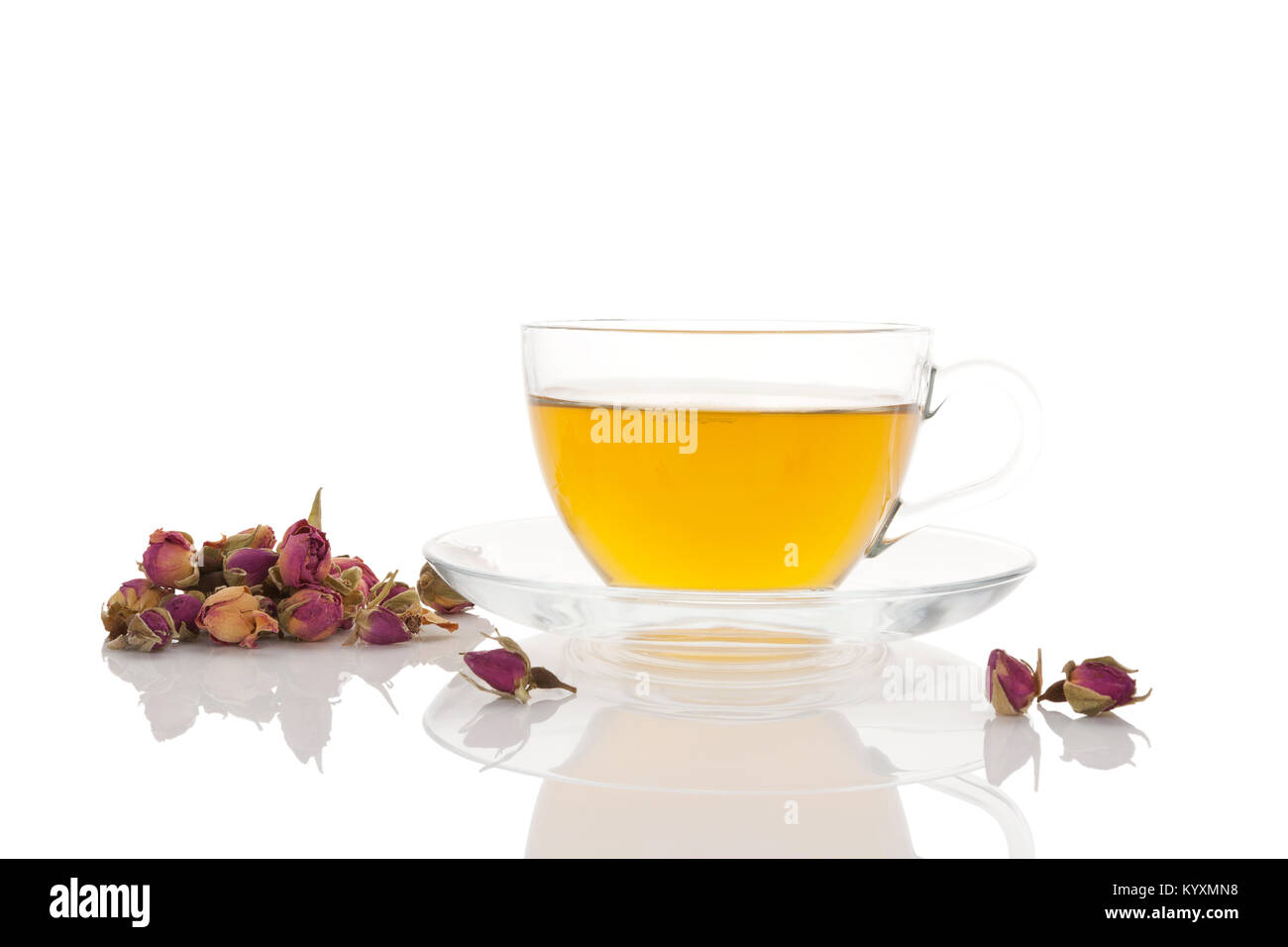 Rose tea with rose buds isolated on white background Stock Photo - Alamy