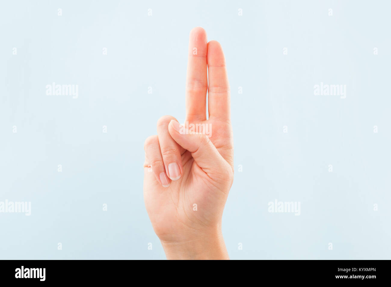 American sign language. Female hand showing letter U isolated on blue ...