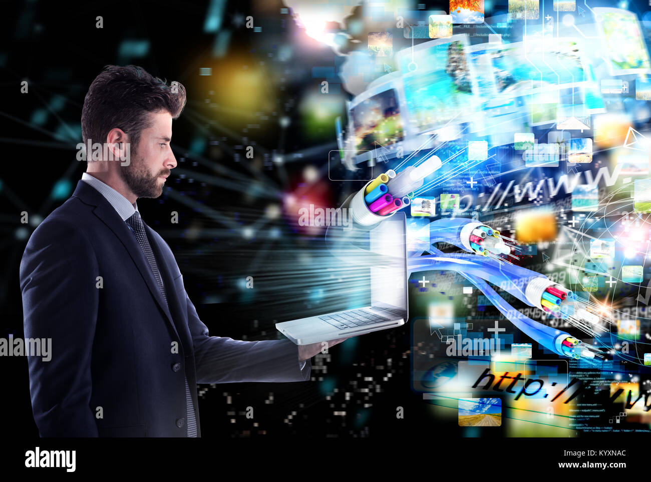 Connected businessman with optical fiber. concept of fast internet ...