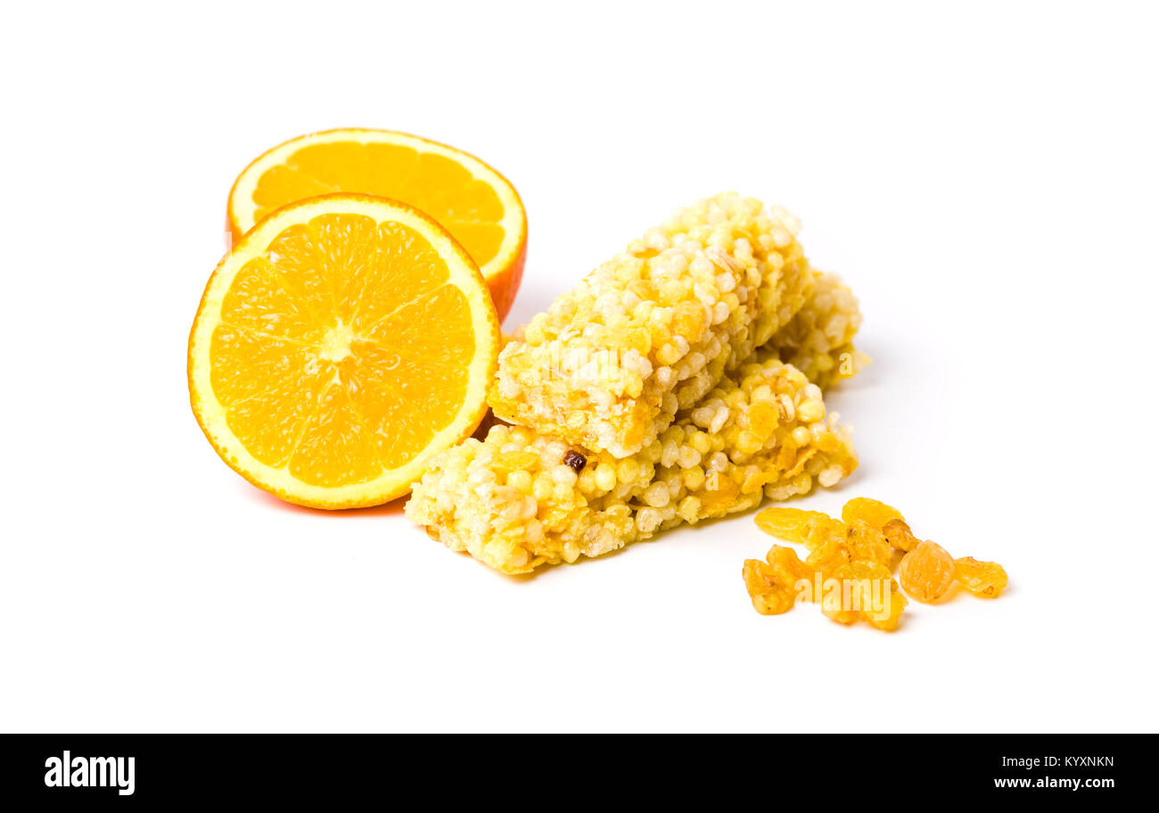 Honey energy bar with orange and raisins isolated Stock Photo - Alamy