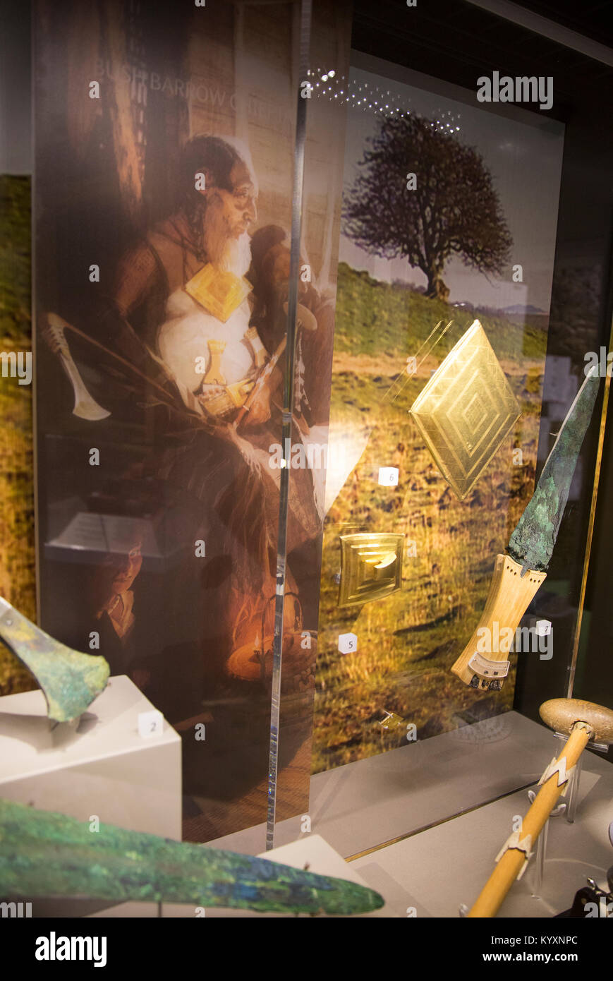 Gold lozenge-shaped sheet and copper dagger from the Bush Barrow ...